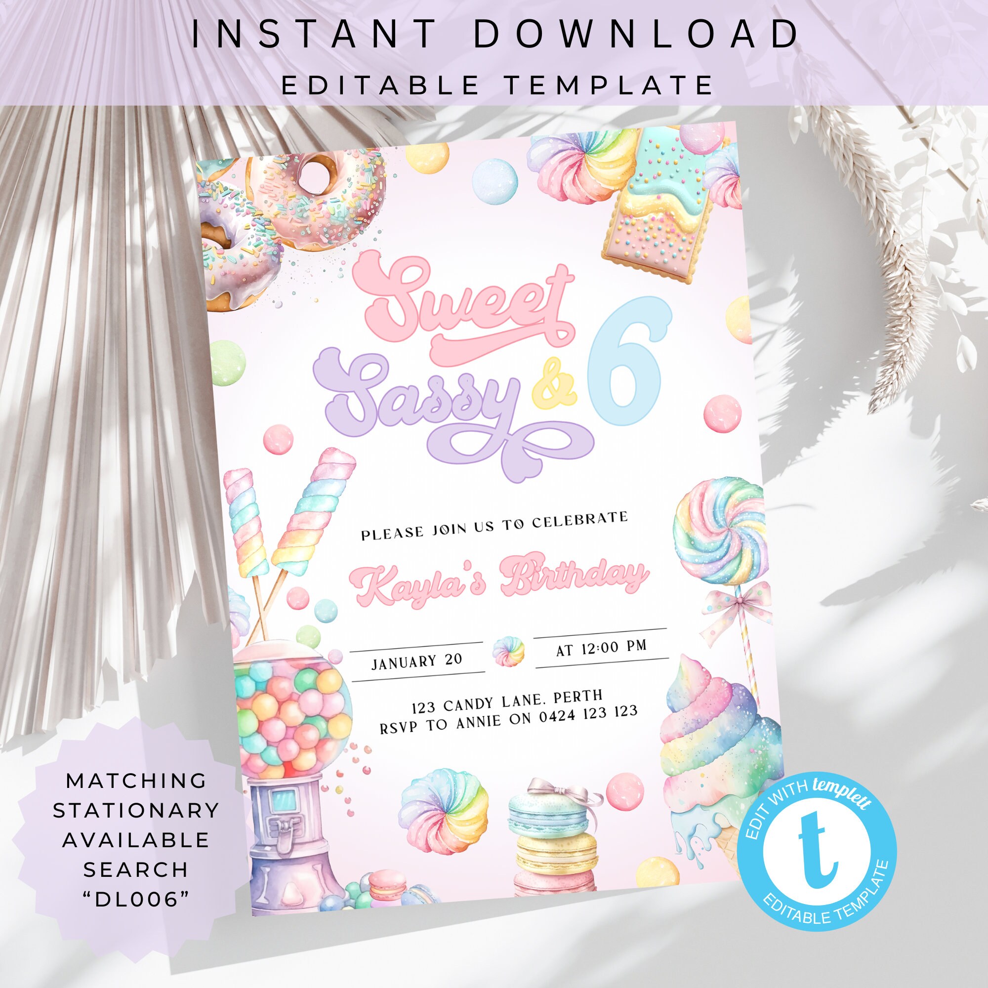 Sweet Sassy and Six Birthday Invitation Pastel Cotton Candy Sweets ...