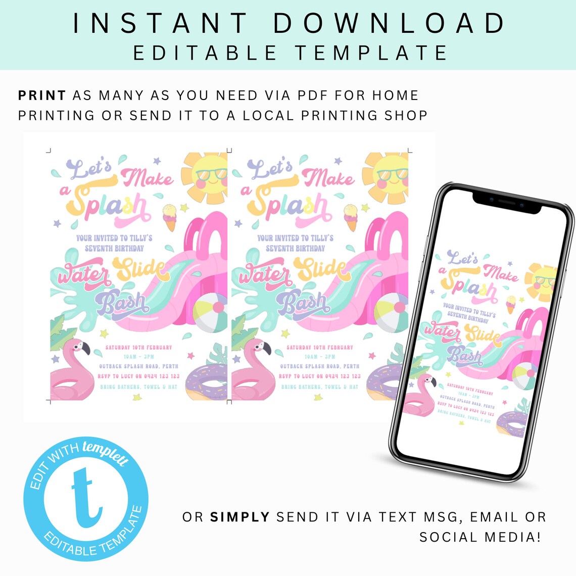 Water Slide Birthday Party Invitation for Girl Summer Slip and Slide ...