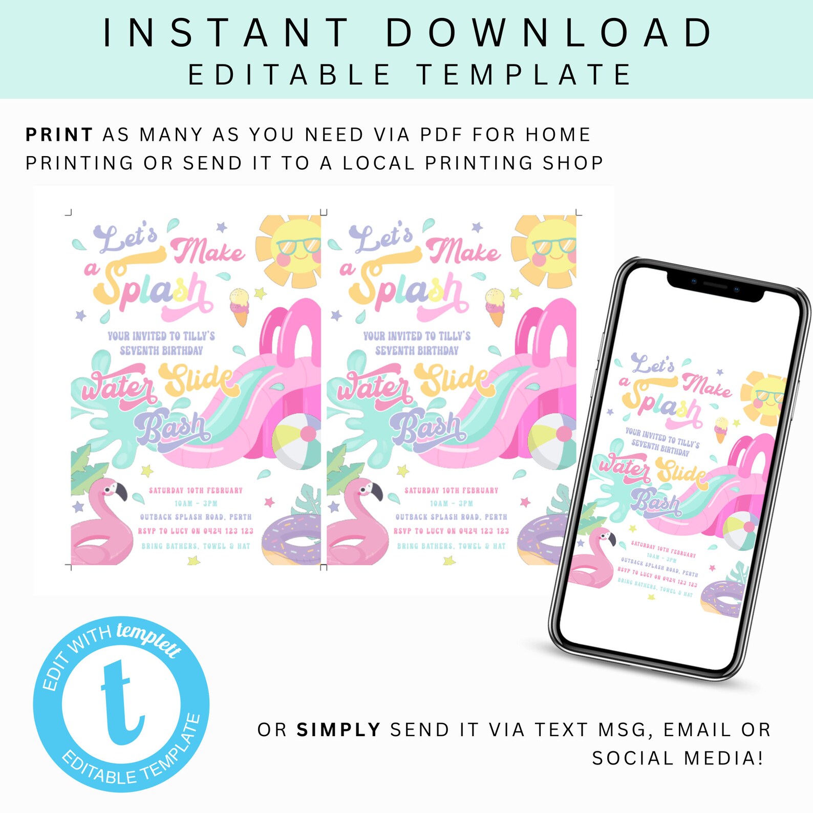 Water Slide Birthday Party Invitation for Girl | Summer Slip and Slide ...