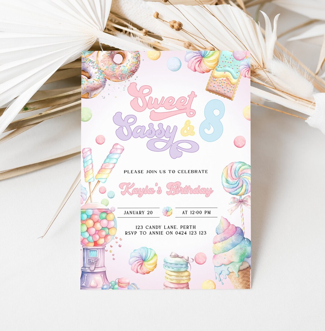 Girls 8th Birthday Candy Land Invitation | Pastel Rainbow Confetti ...
