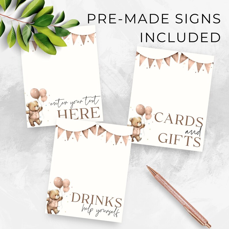 Editable Teddy Bear Custom Signs | Printable Beige Baby Shower Party ...