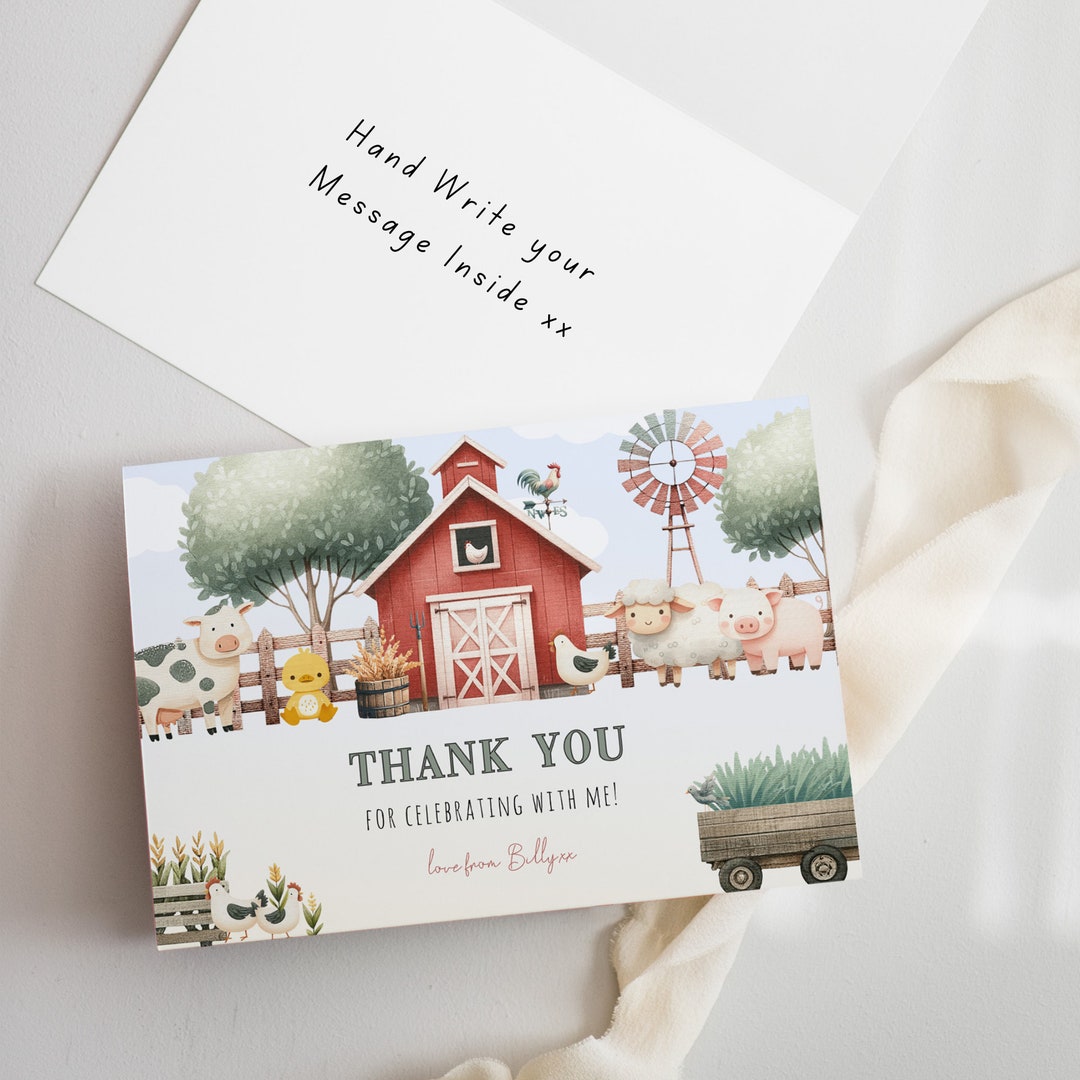Farm Animal Thank You Card | Barn Yard Bash Birthday Party | Editable ...