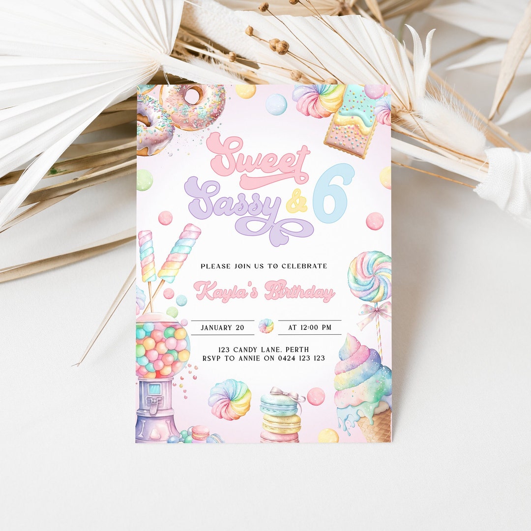 Sweet Sassy and Six Birthday Invitation | Pastel Cotton Candy Sweets ...