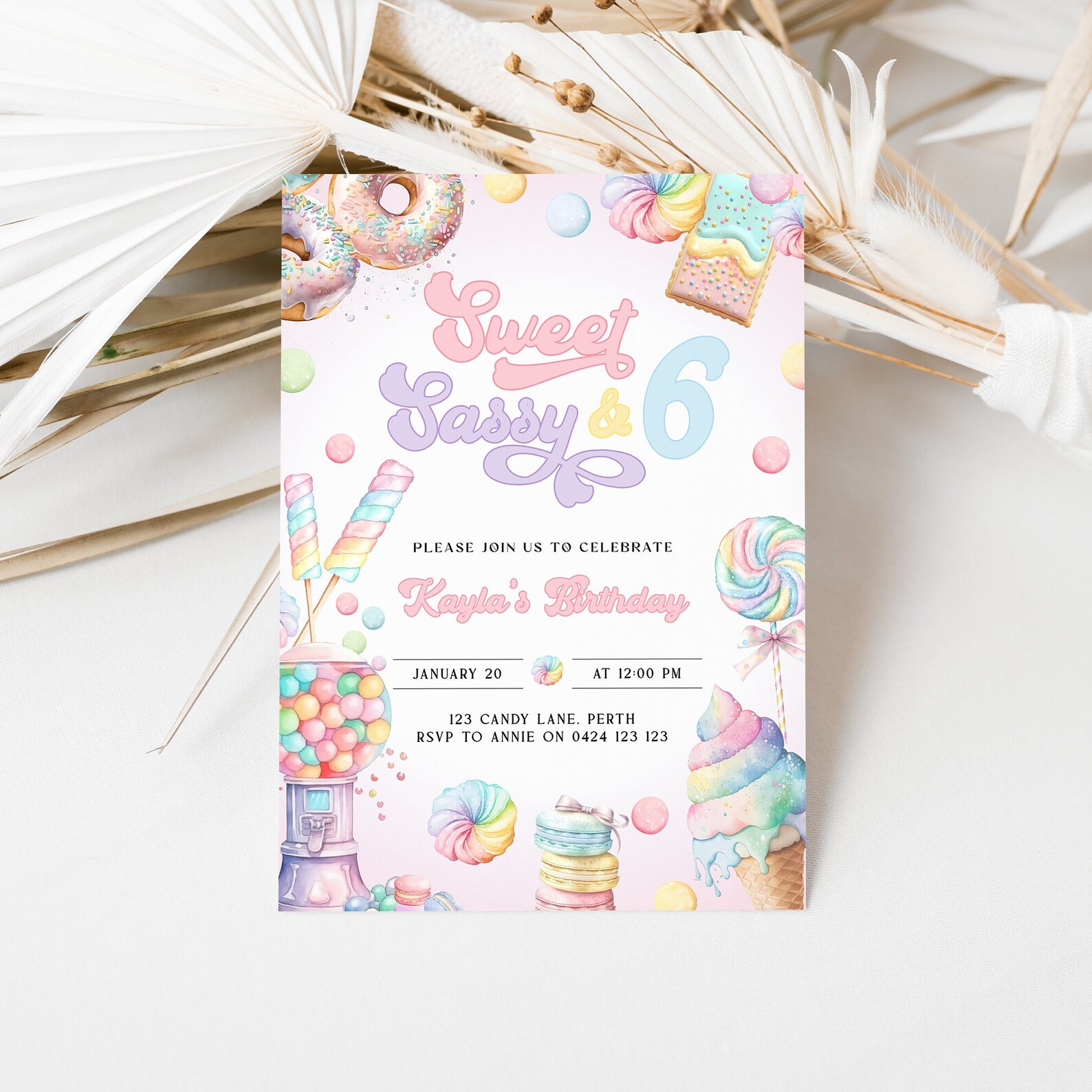 Sweet Sassy and Six Birthday Invitation Pastel Cotton Candy Sweets ...