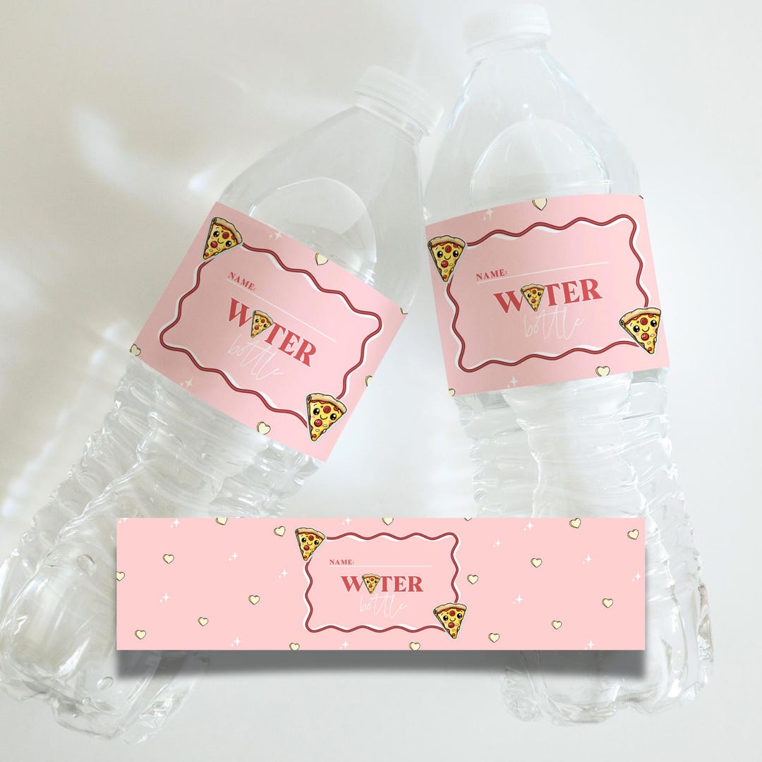 Pizza Party Water Bottle Wrapper Labels | Pink and Red Retro Birthday ...