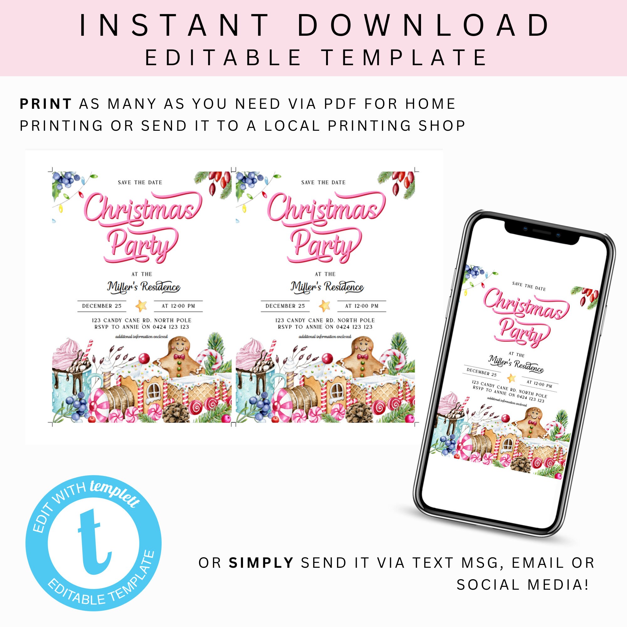 Pink Vintage Christmas Party Invitation | Pastel Colour Candy Land ...