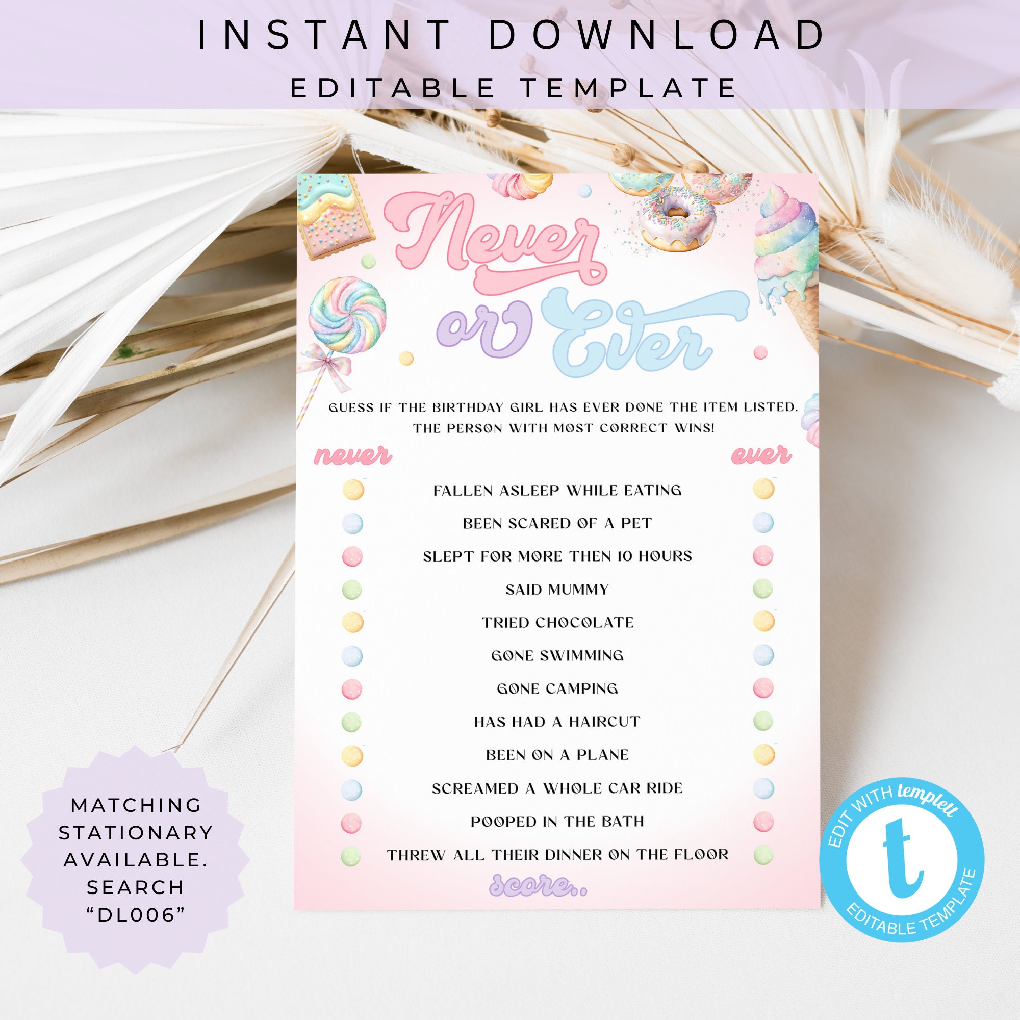 Editable Never or Ever Birthday Game | Girls Pastel 1st Birthday Party ...