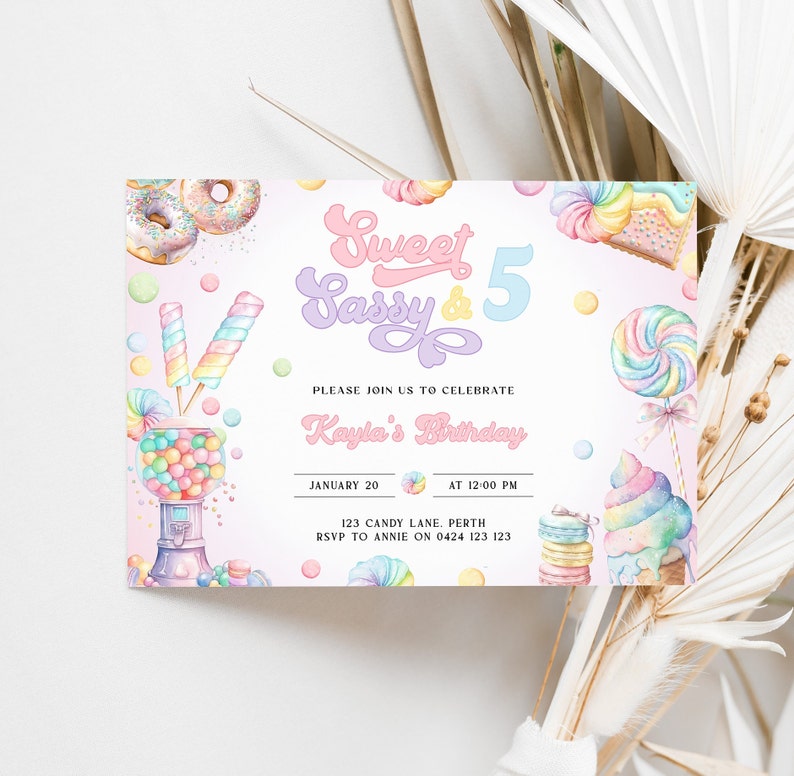 Editable Sweet Sassy and Five Birthday Party Invitation | Girls Pastel ...
