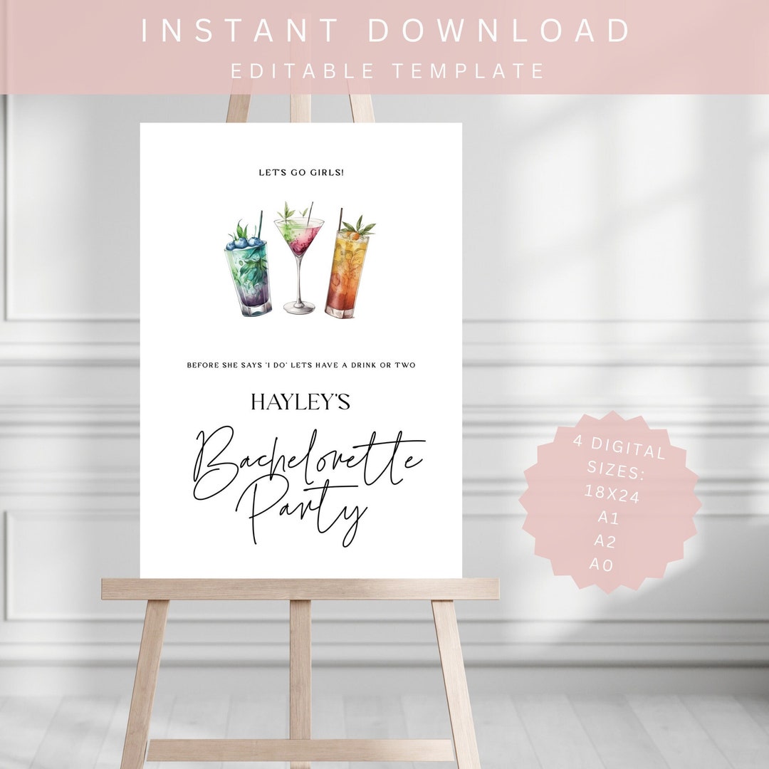 Cocktail Bachelorette Party Sign | Editable Template | Bachelorette ...