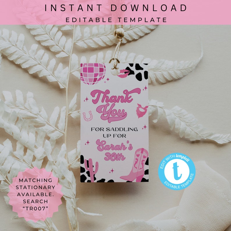 Editable Disco Cowgirl Birthday Favor Tags Template | Nashville Rodeo ...