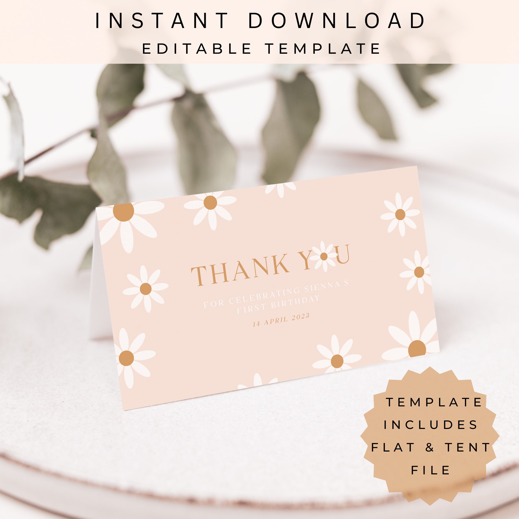 Editable Daisy Birthday Thank You Card Pink Daisy Modern Thank You Boho ...