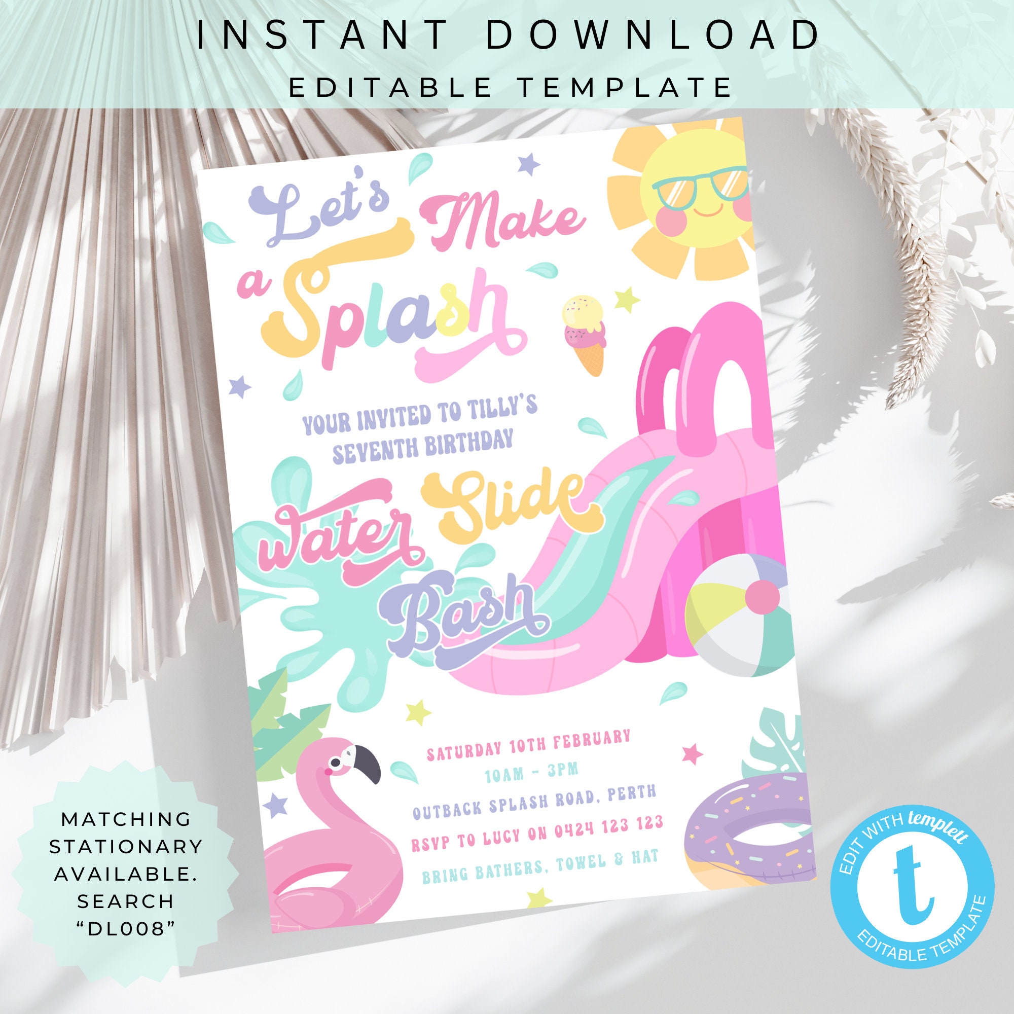 First Birthday Party Invitation Water Slide Kids | Tropical Girls 1st ...