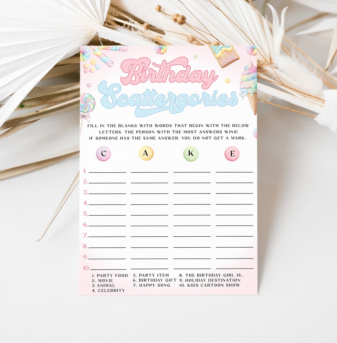 Birthday Scattergories Game Template | Girl First Birthday Activities ...