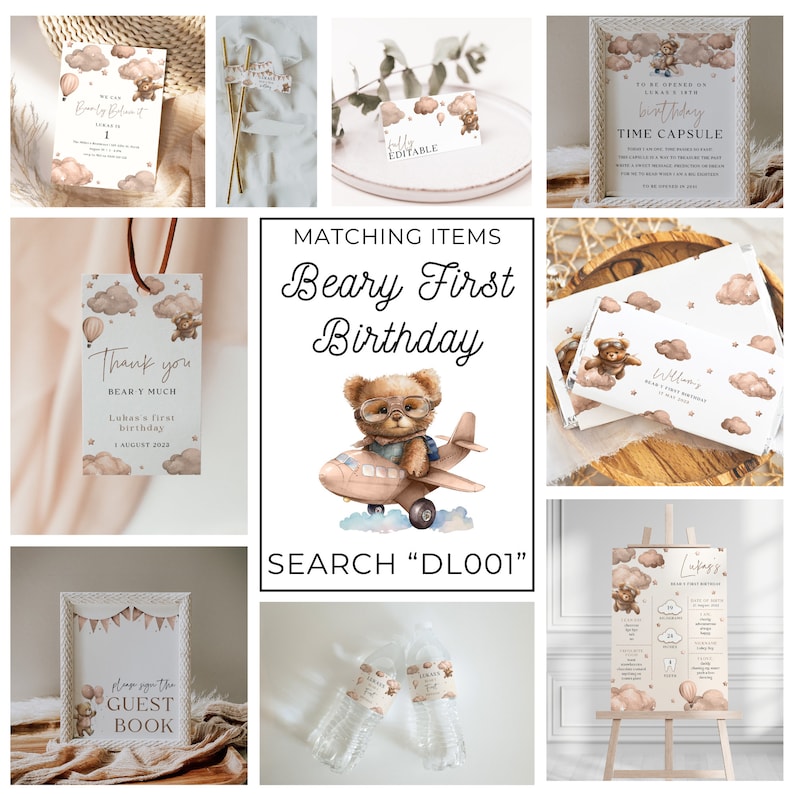 Beary First Birthday Water Bottle Label Template | Instant Download ...