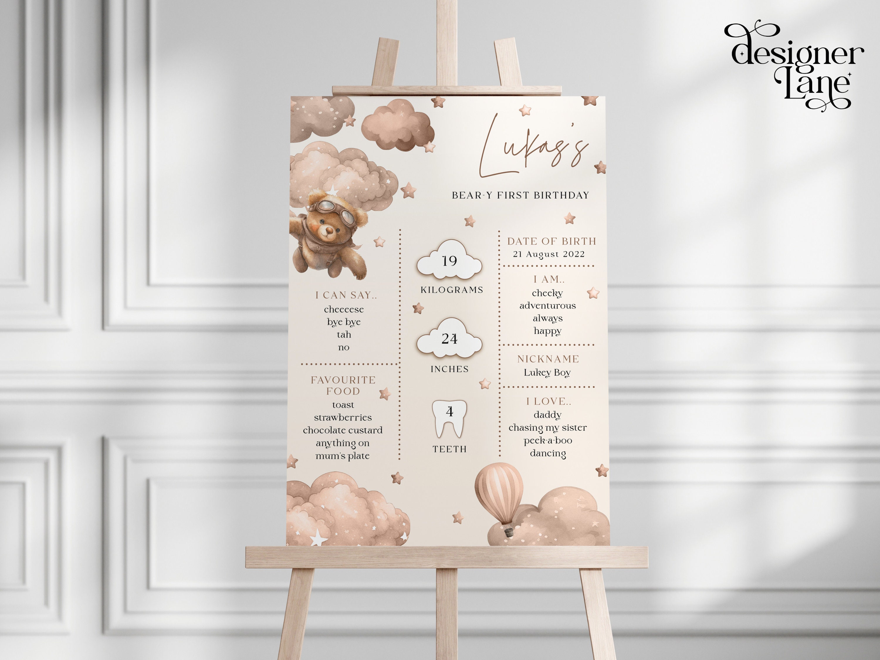 Teddy Bear Birthday Milestone Sign | Boho Brown Bear Stats Board | Boy ...