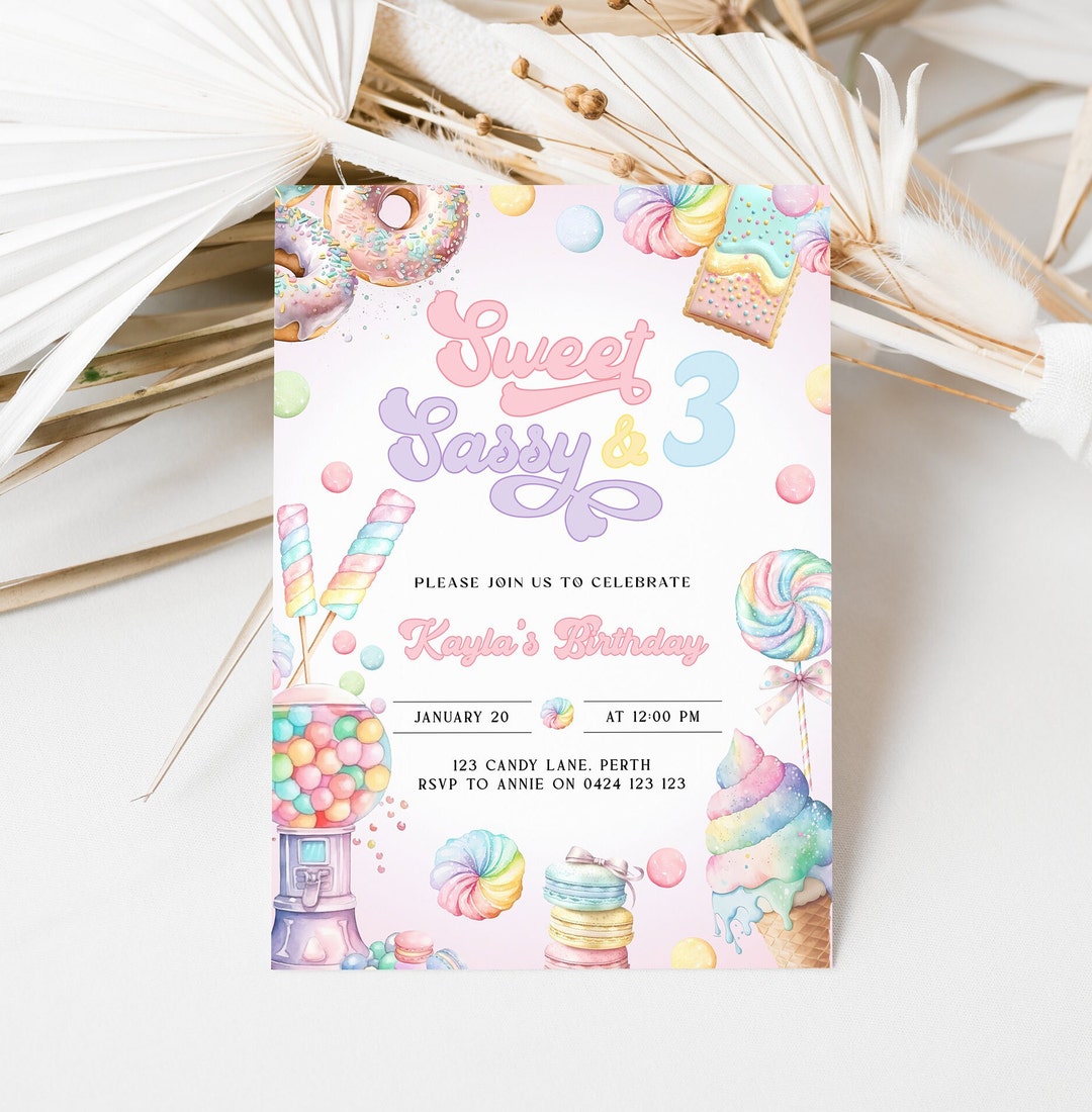 Sweet Sassy and Three Birthday Invitation | Candy Theme 3rd Birthday ...