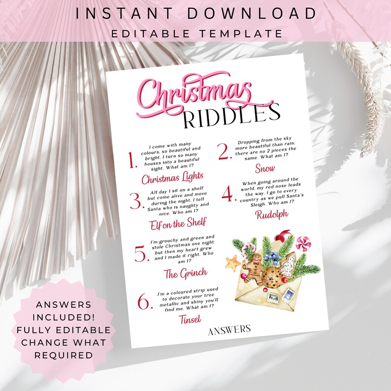 Christmas Riddles Game Printable | Kids Holiday Party Games | Pastel ...