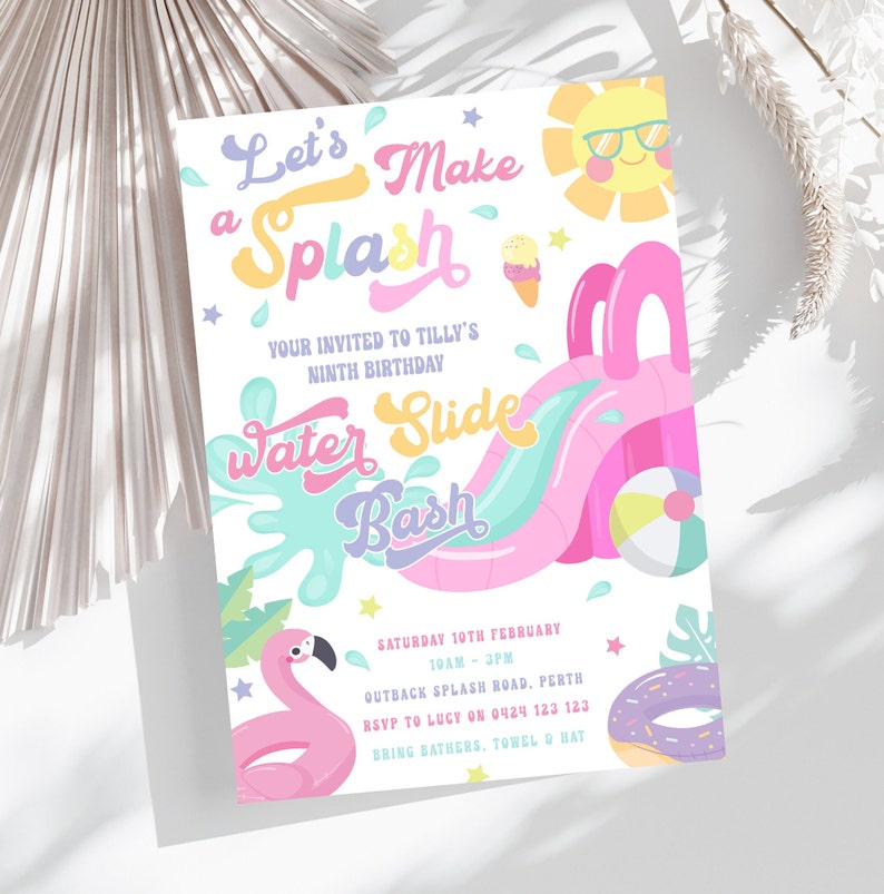Water Slide Birthday Party Invitation for Girls 9th | Summer Slip and ...