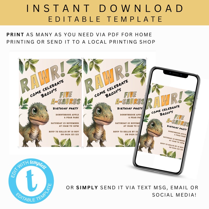5th Birthday Dinosaur Invitation | Digital Download | Boy Trex Fifth ...