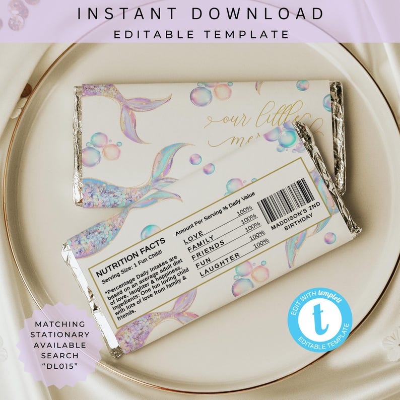 Mermaid Candy Bar Wrapper | Editable Template | Chocolate Birthday ...