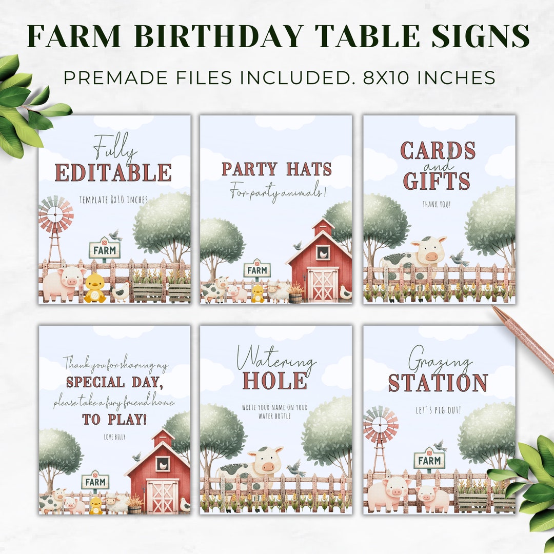 Cute Farm Animal Birthday Custom Sign Template | Fully Editable Table ...