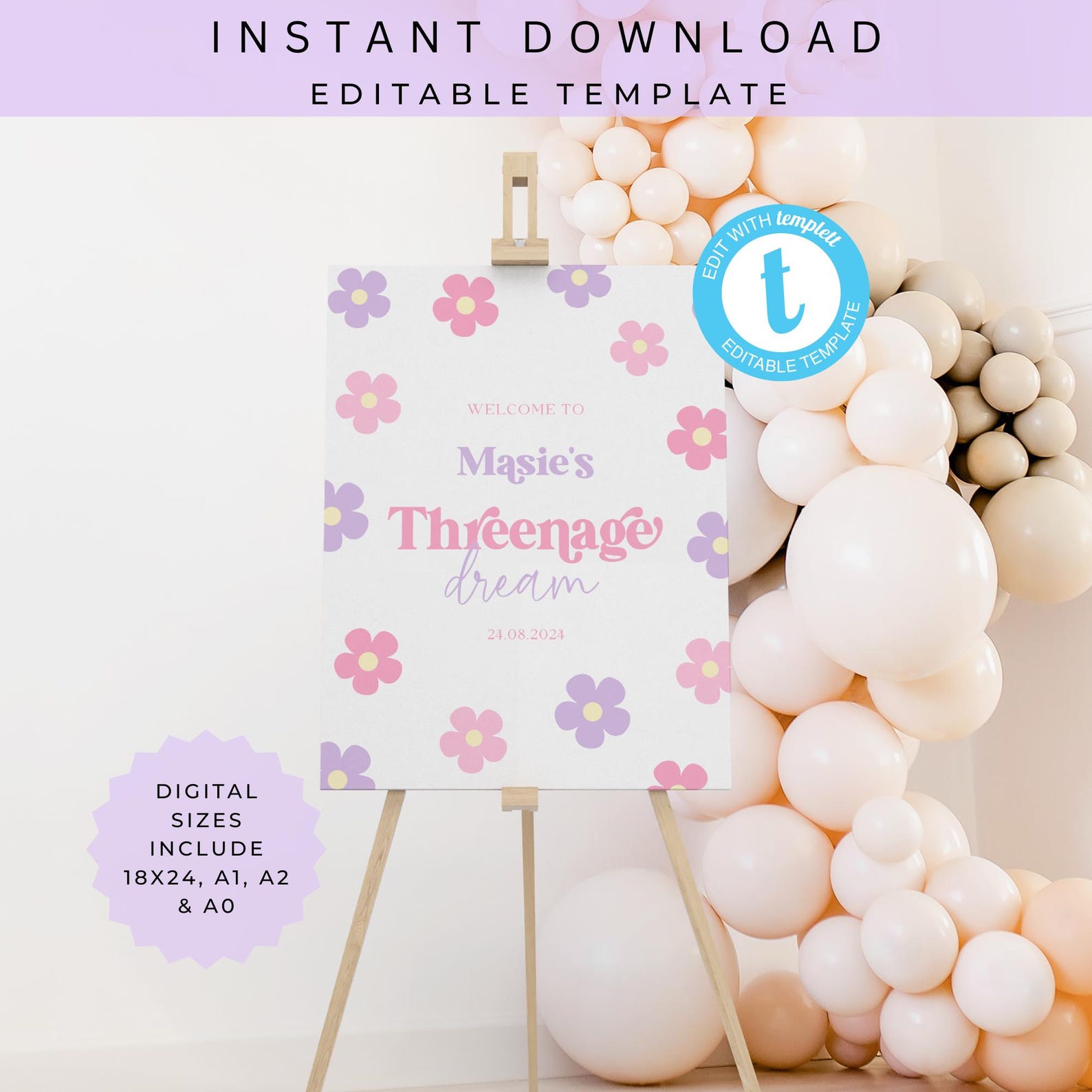 Threenager Dream Birthday Welcome Sign | Cute Daisy Party Decor | Girls ...
