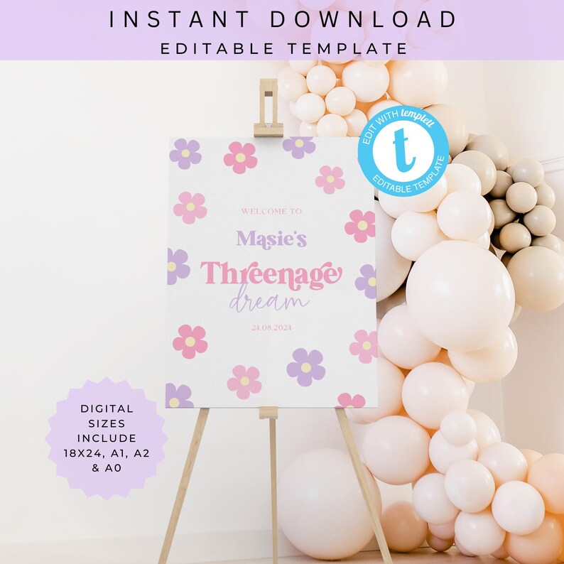 Threenager Dream Birthday Welcome Sign | Cute Daisy Party Decor | Girls ...