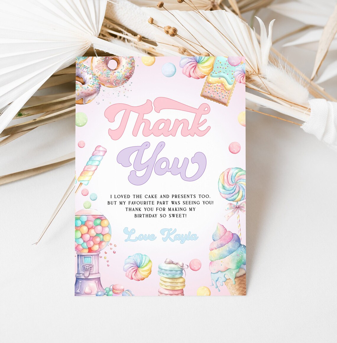 Pastel Candy Thank You Card | Editable Sweet Celebration Birthday Note ...