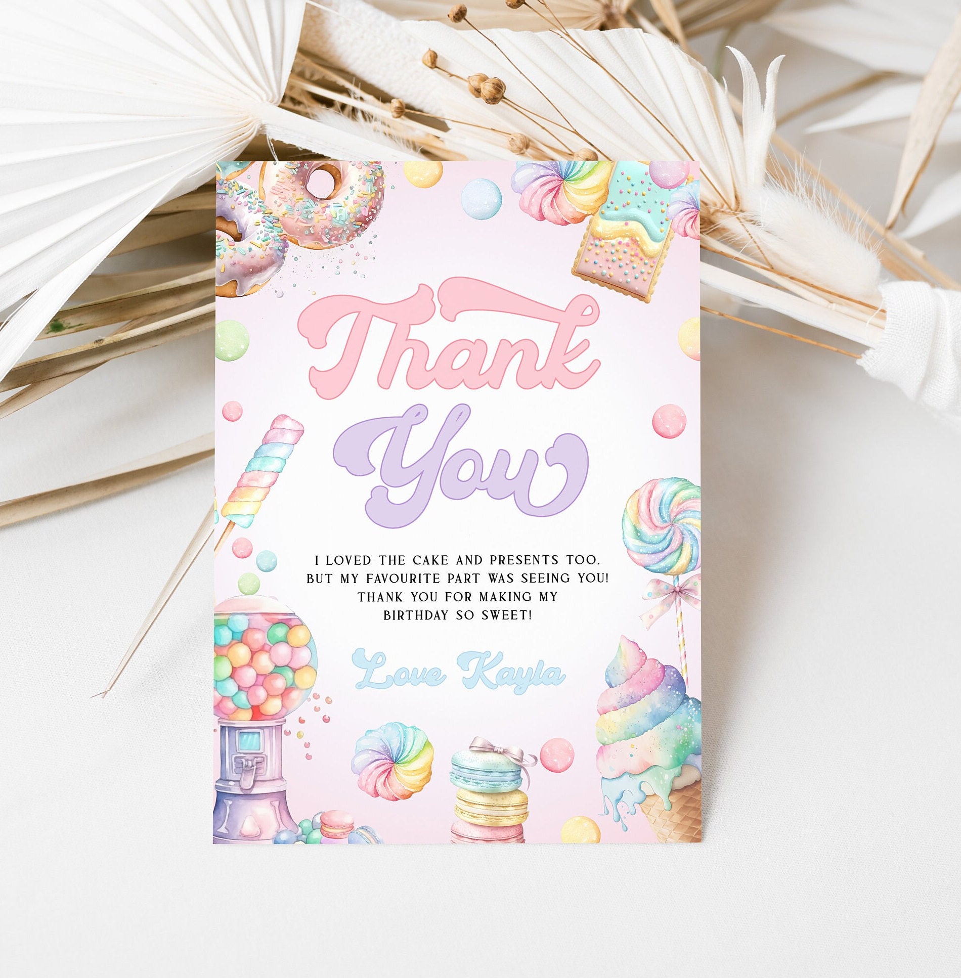 Pastel Candy Thank You Card | Editable Sweet Celebration Birthday Note ...