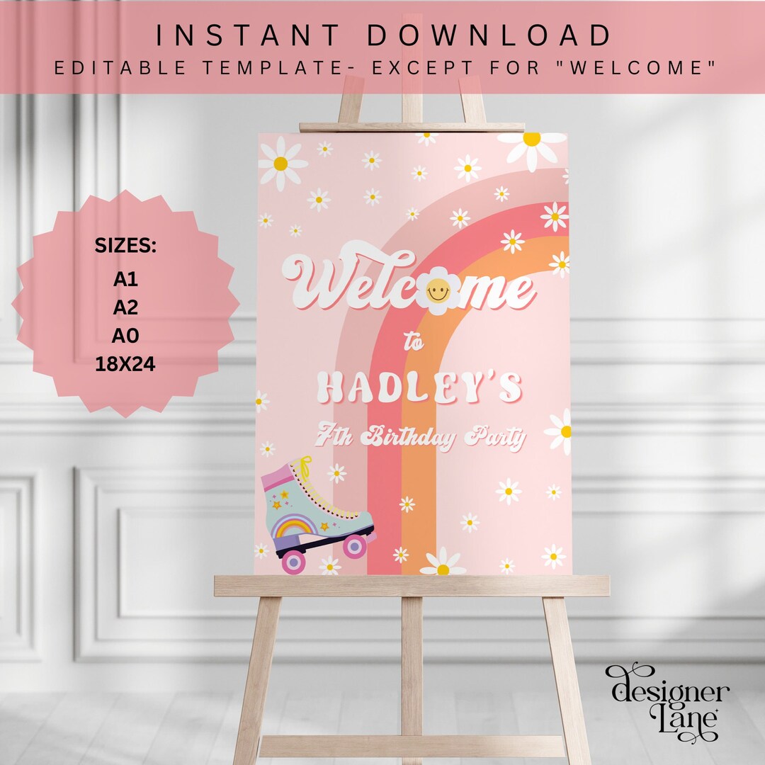 Retro Welcome Sign | Roller Skate Prop | Groovy Party | Editable ...
