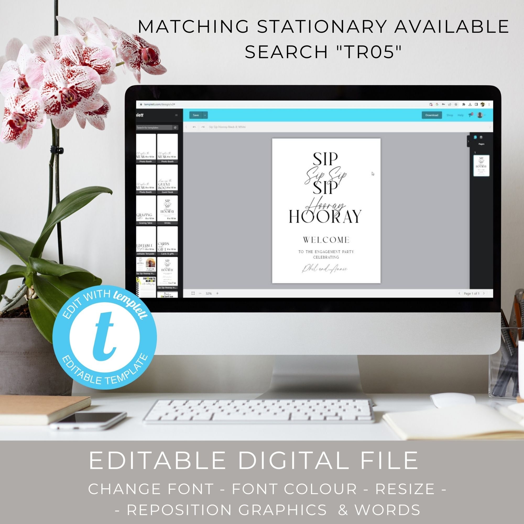 Sip Sip Hooray Sign Template Modern Black & White Engagement Party ...