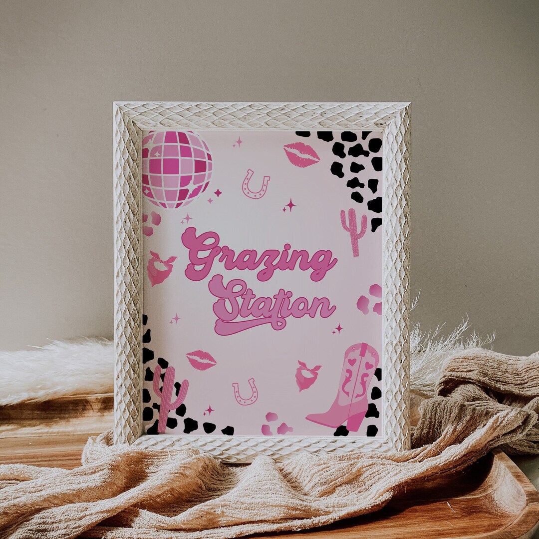 Grazing Station Disco Cowgirl Sign Template | Fully Editable Pink Cow ...