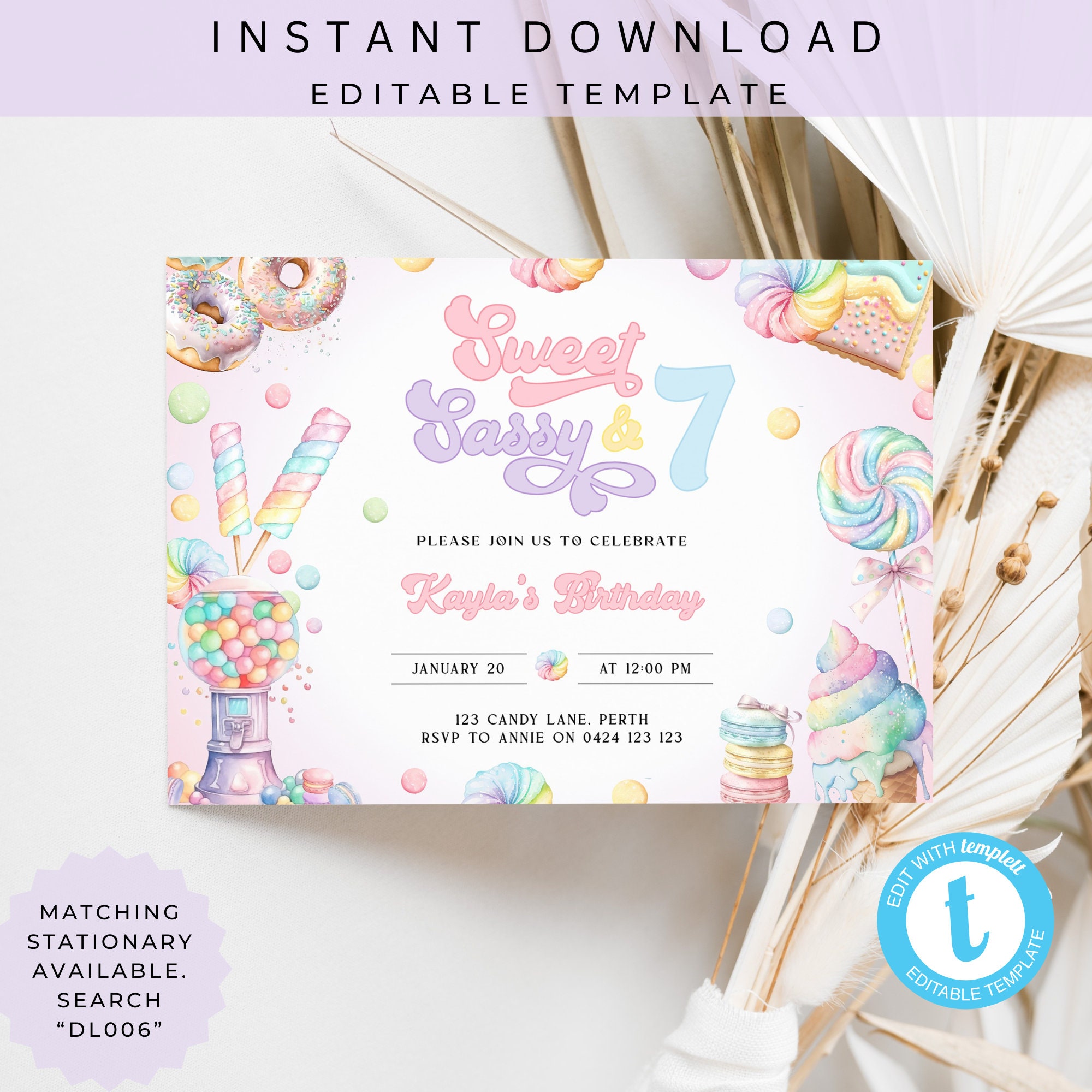 Editable Sweet Sassy and Seven Birthday Invitation | Girl Pastel Candy ...