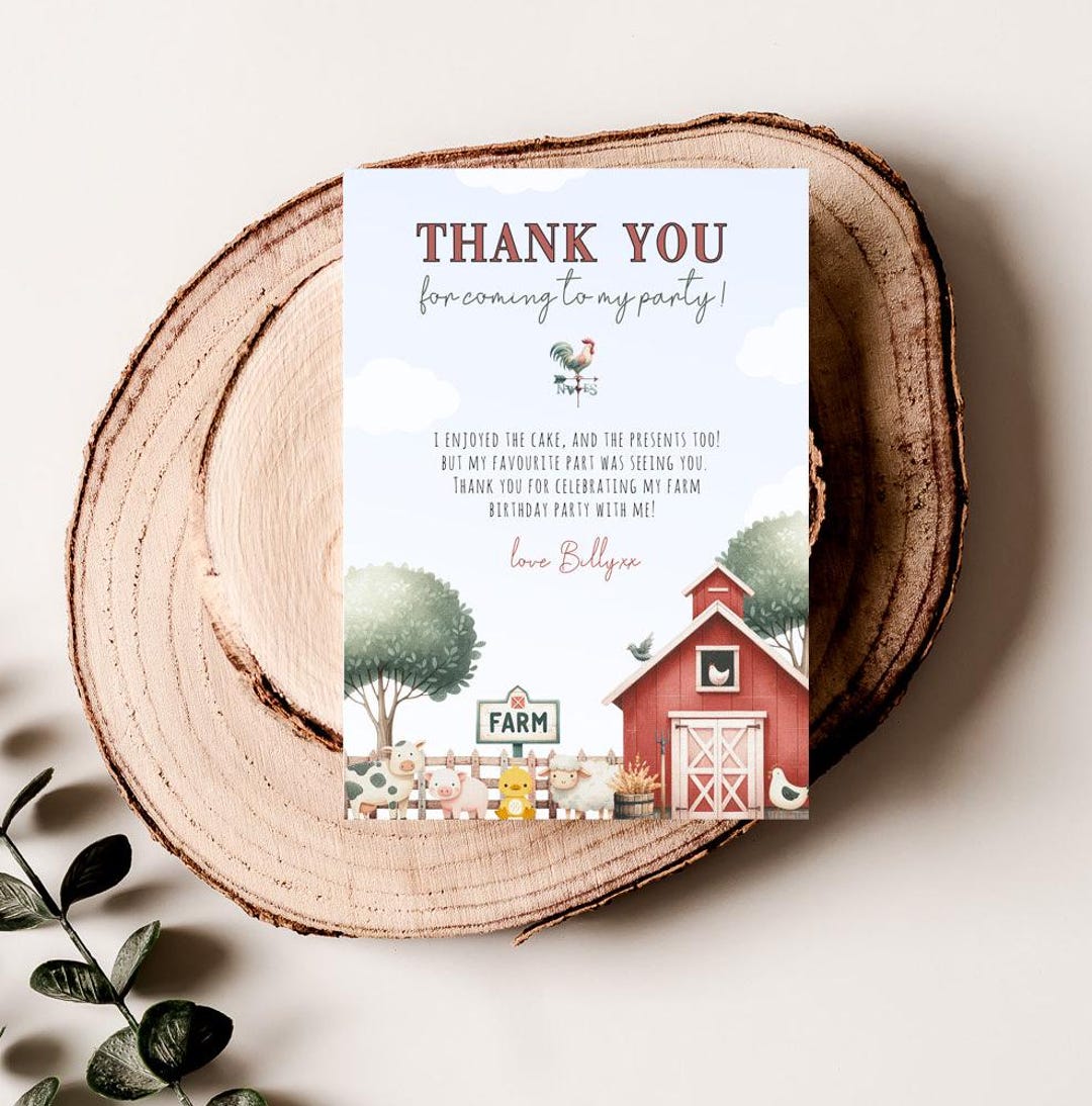 Editable Farm Thank You Card | Barnyard Bash Birthday Party | Cute ...