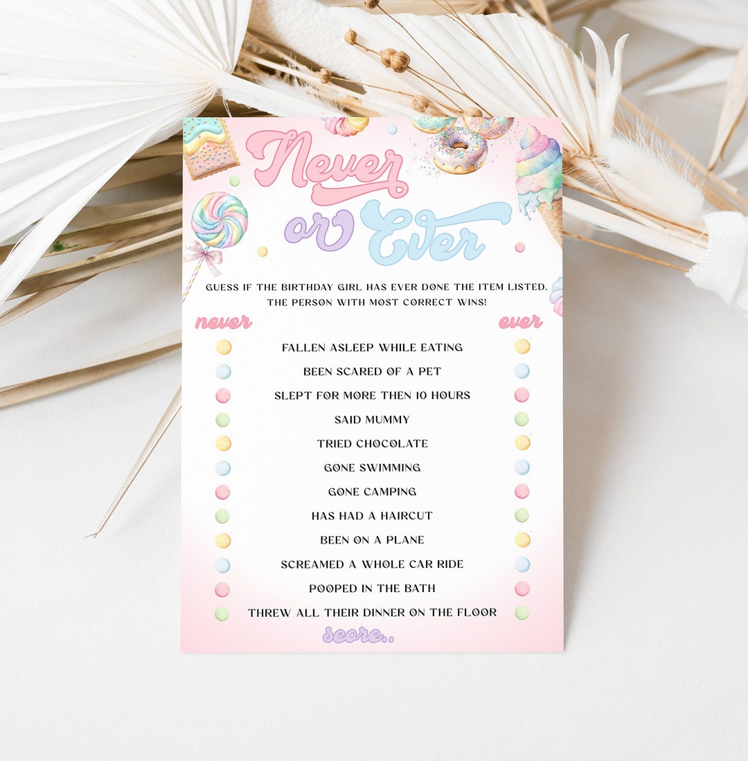 Editable Never or Ever Birthday Game | Girls Pastel 1st Birthday Party ...