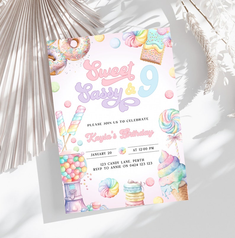 Sweet Sassy and Nine Birthday Invitation | Girl Candy Land Theme 9th ...