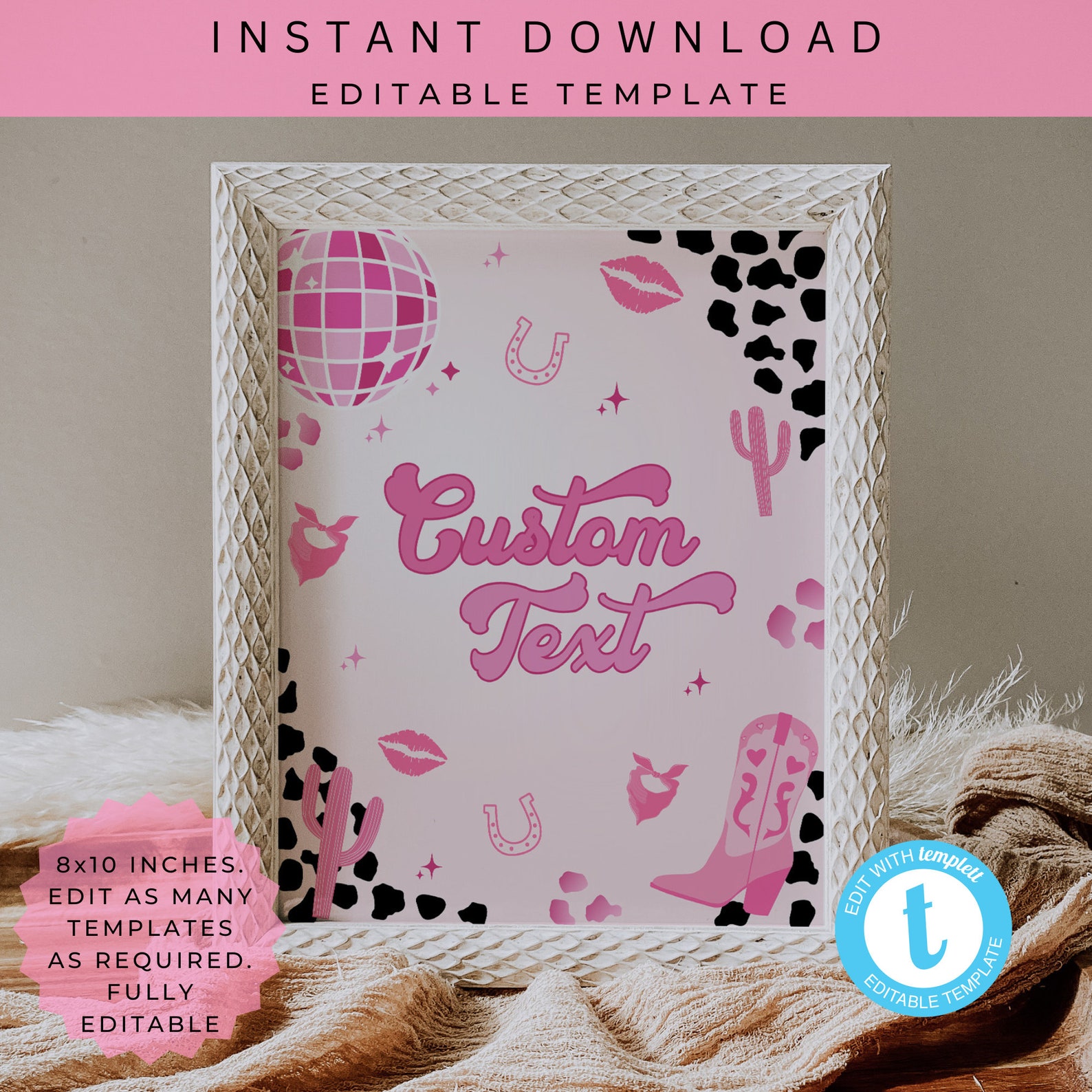 Disco Cowgirl Drink Station Sign Template | Fully Editable Pink Space ...