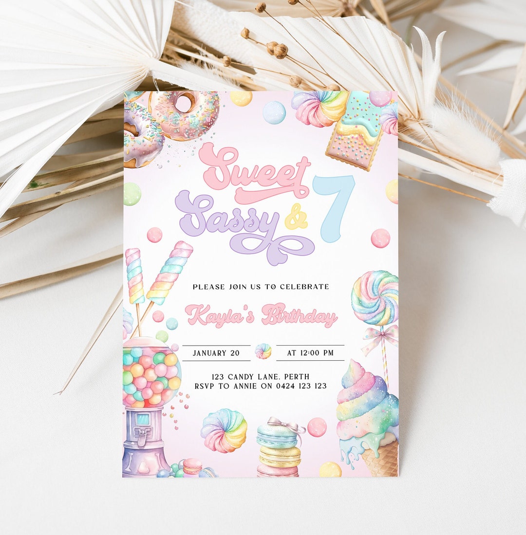 Sweet Sassy and Seven Birthday Invitation | Girl Pastel Candy Land 7th ...