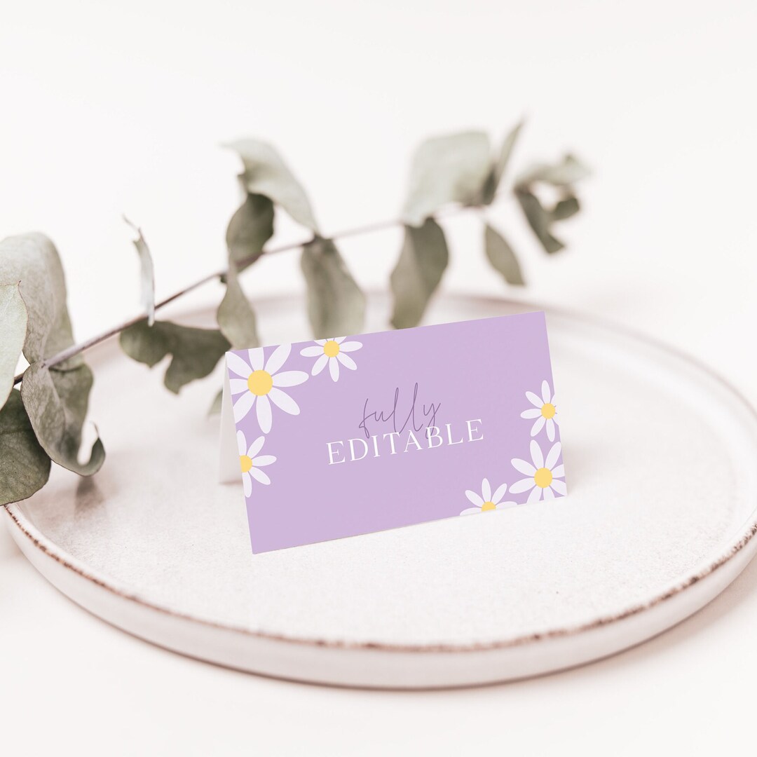 Lilac Daisy Name Card | Buffet Food Tent Folded Place Card | Editable ...