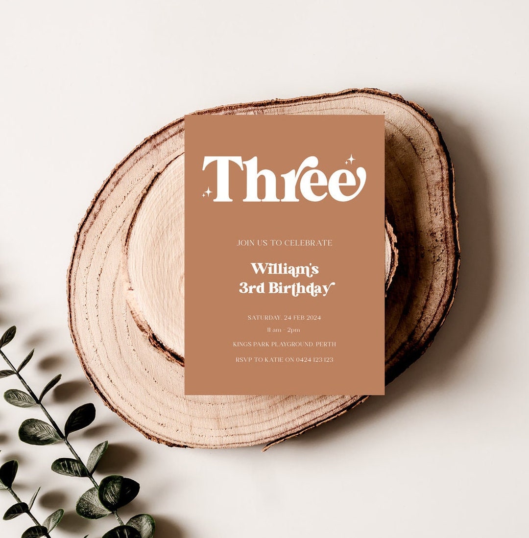THREE Birthday Invitation Template | Terracotta Beige Boho | Gender ...