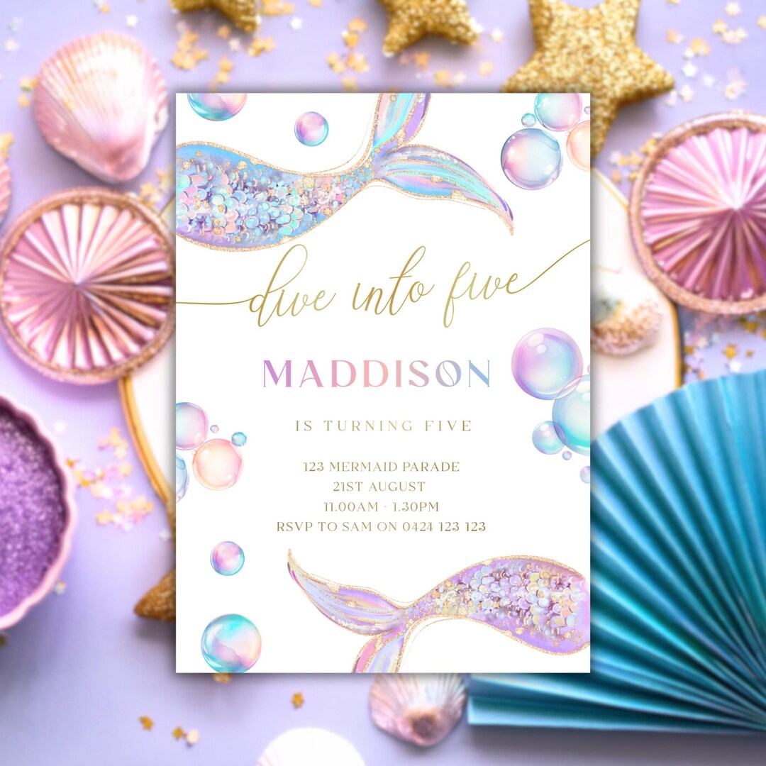 Dive Into Five Mermaid Invitation | Editable 5th Birthday Invite ...