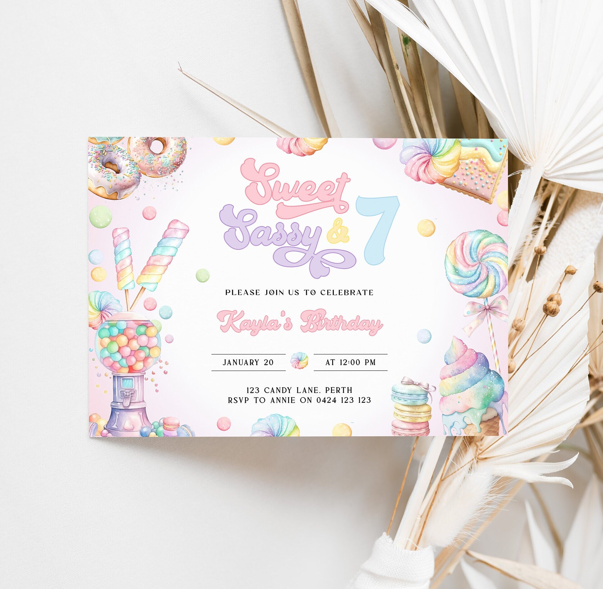 Editable Sweet Sassy and Seven Birthday Invitation | Girl Pastel Candy ...