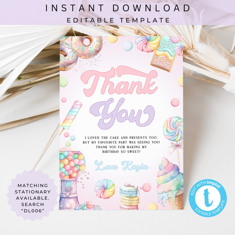 Pastel Candy Thank You Card | Editable Sweet Celebration Birthday Note ...