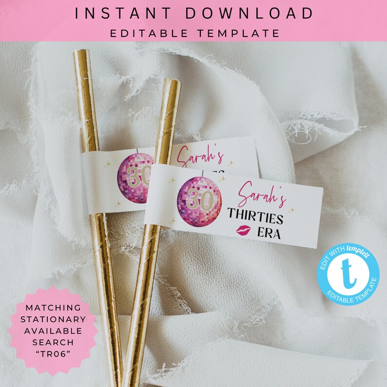 Pink Disco Straw Tag Template Custom Party Favor Straw Flag Printable ...