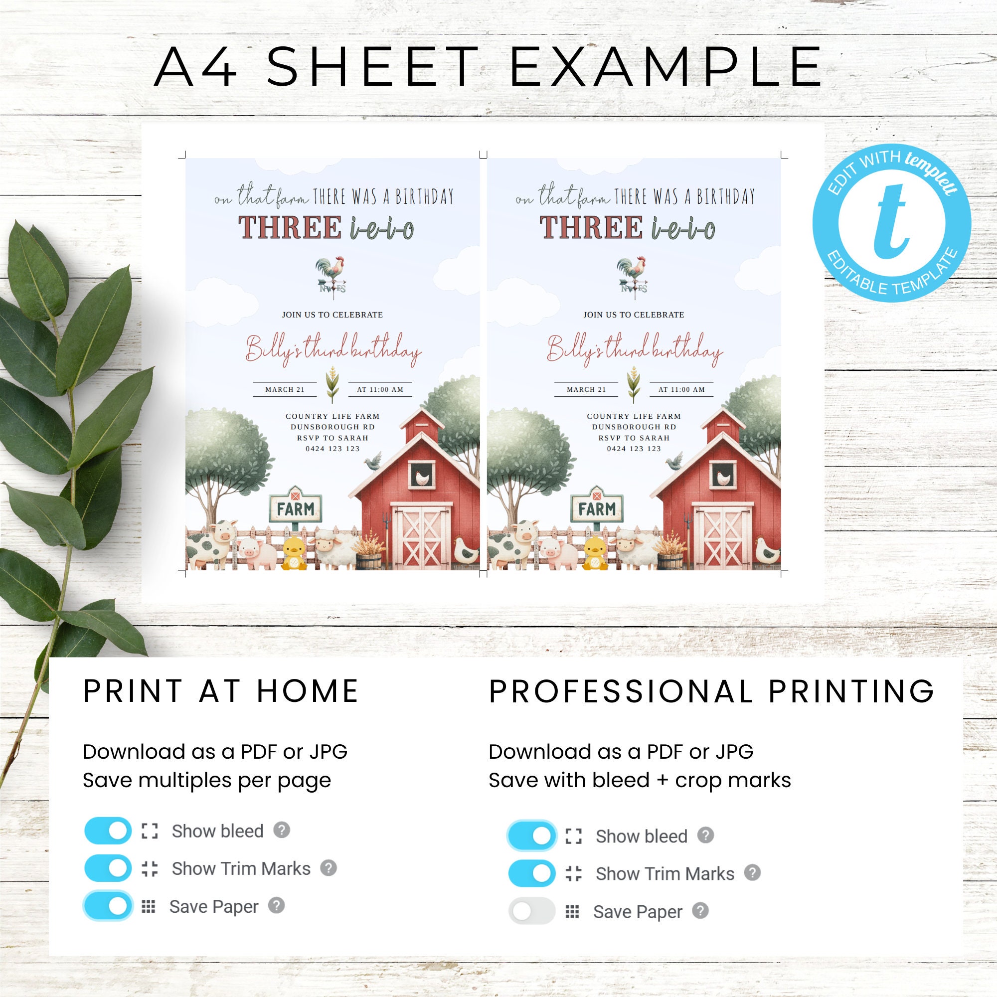 Three-i-e-i-o Birthday Invitation | Editable Oink Cluck Baa Moo | Farm ...