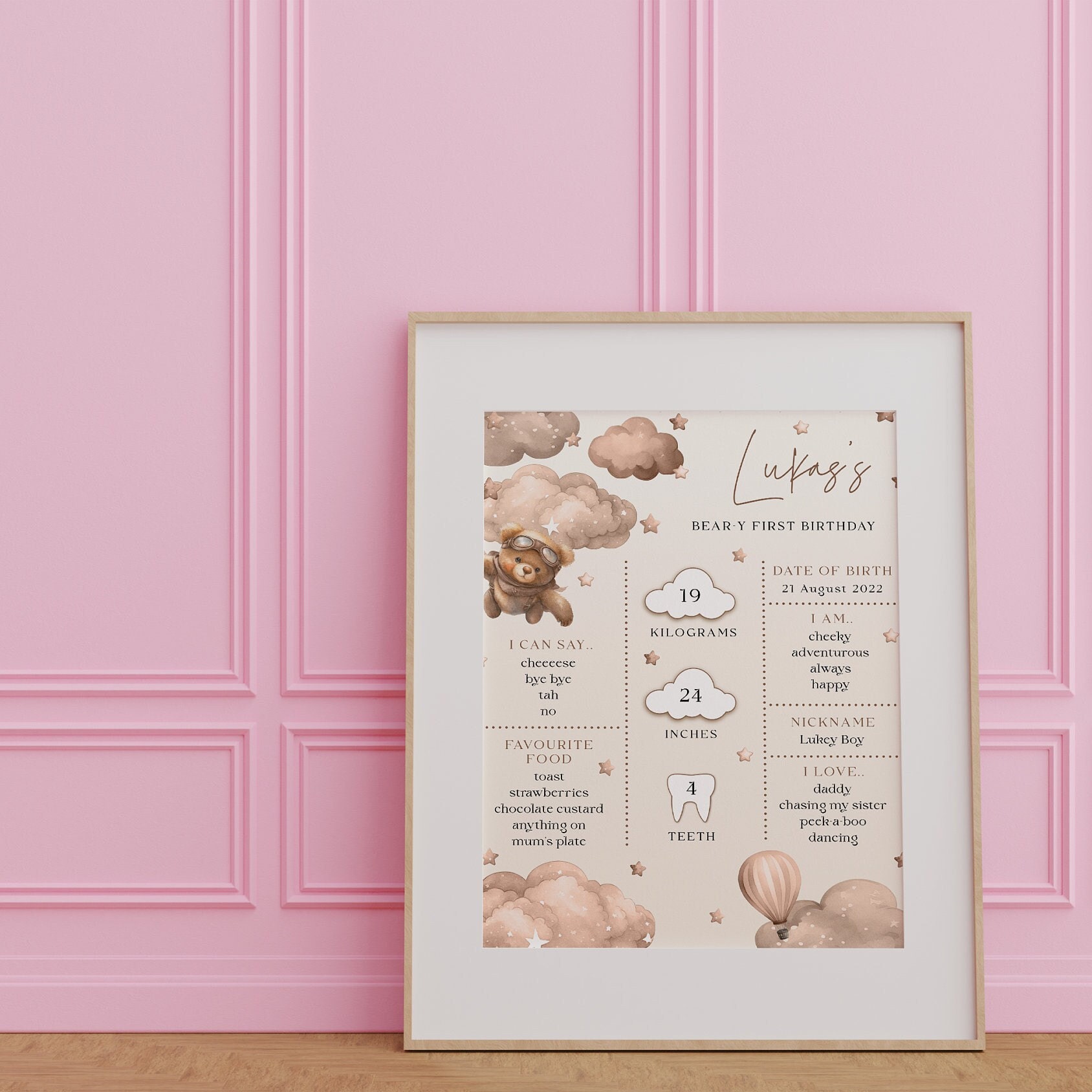 Teddy Bear Birthday Milestone Sign Boho Brown Bear Stats Board Boy ...