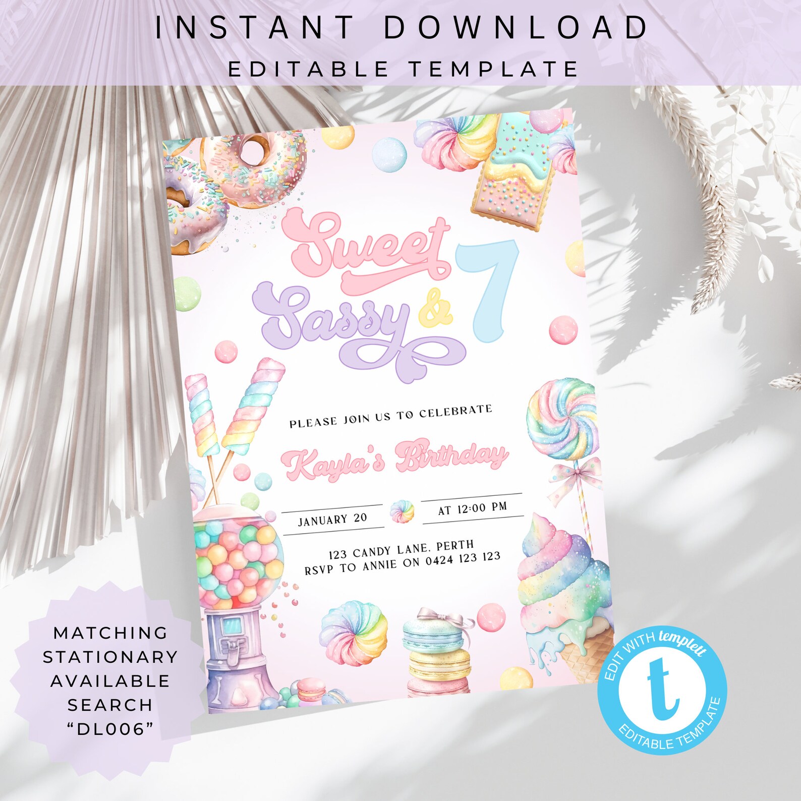 Sweet Sassy and Seven Birthday Invitation | Girl Pastel Candy Land 7th ...
