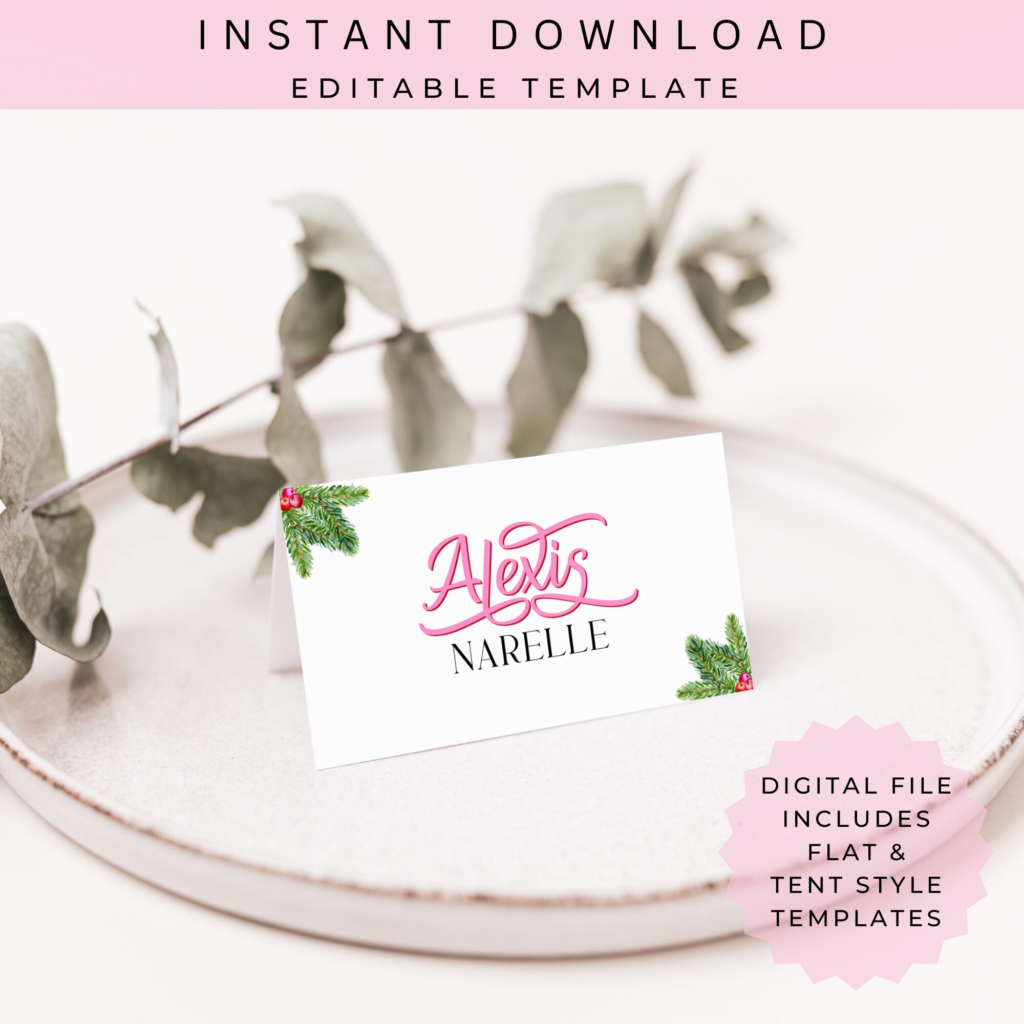 Editable Christmas Food Labels | Custom Pink & Red Place Cards | Flat ...