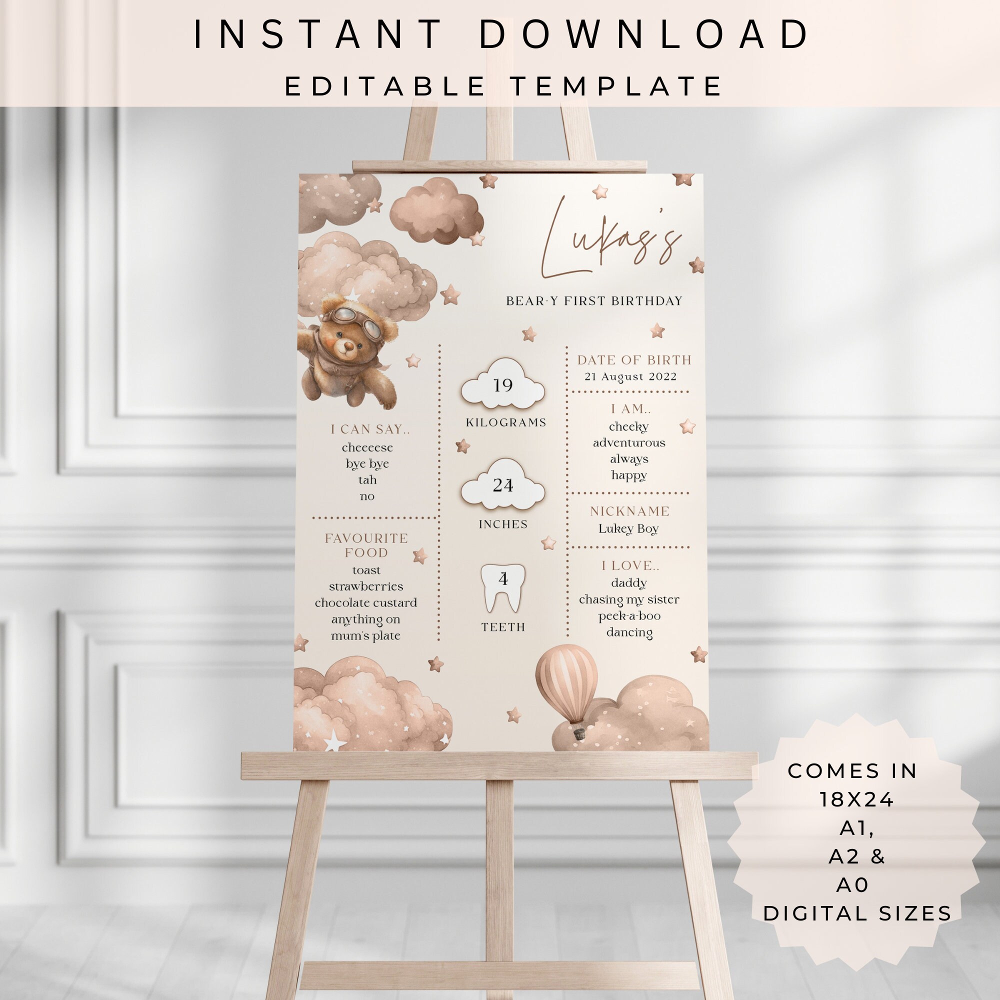 Teddy Bear Birthday Milestone Sign | Boho Brown Bear Stats Board | Boy ...