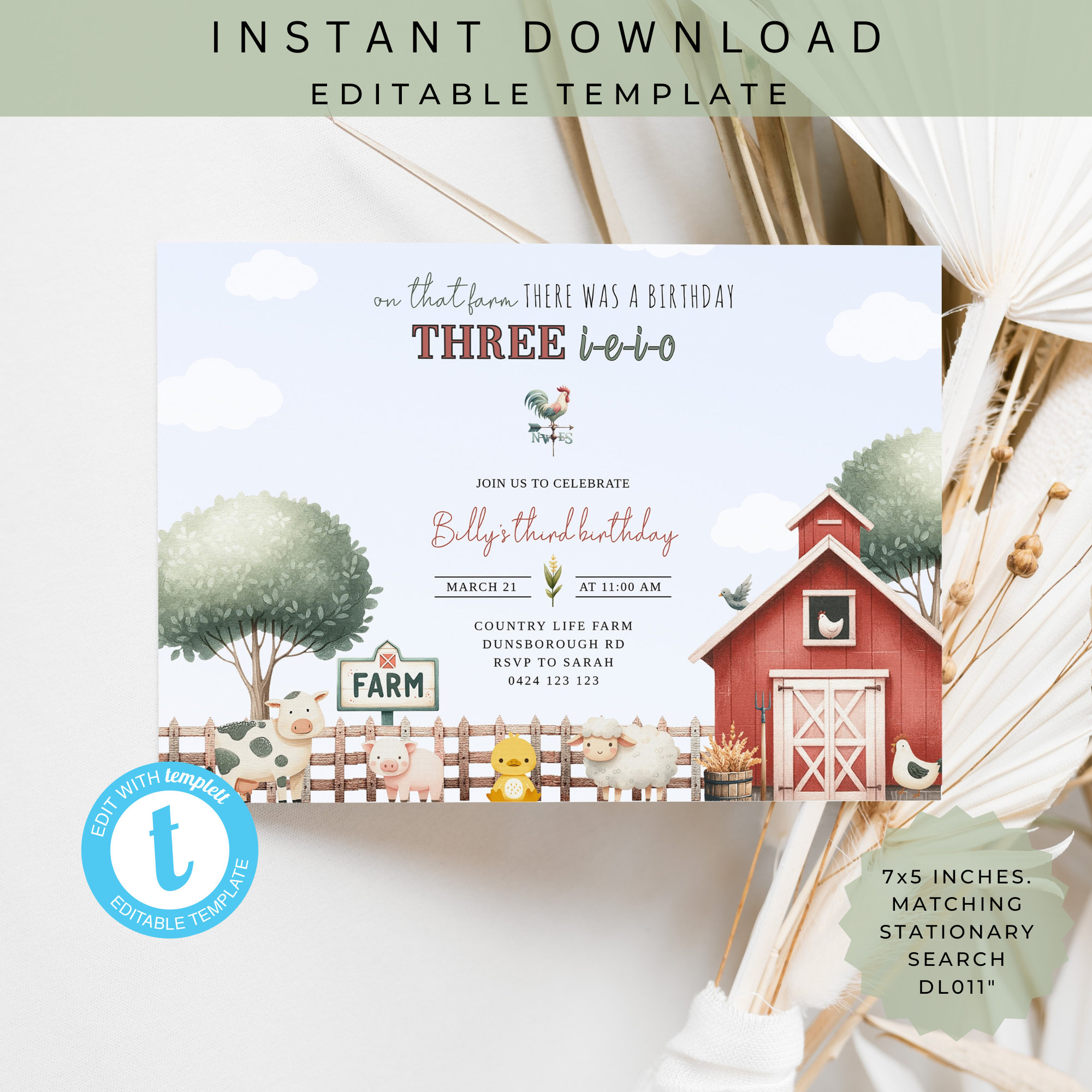 Editable Boys 3rd Birthday Farm Invitation Three I-E-I-O Farmer ...